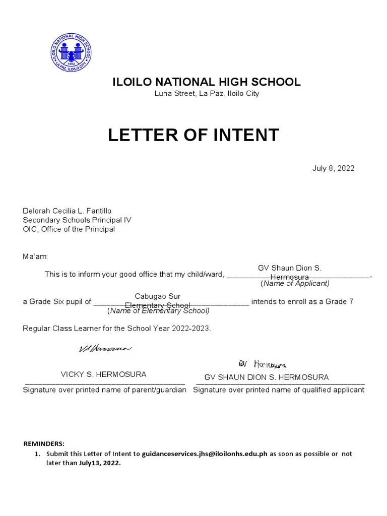 Letter of Intent Grade 7 | PDF