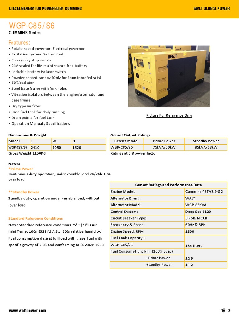 Spec of 85kVA Diesel Generator | PDF