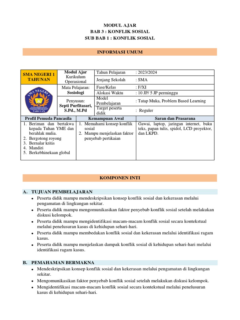Modul Ajar Sosiologi XI Bab 3 - Konflik Sosial | PDF