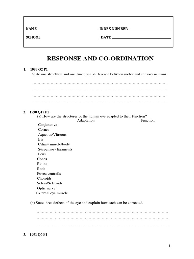 Reception Response and Coordination Biology Form 4 Topical Questions ...