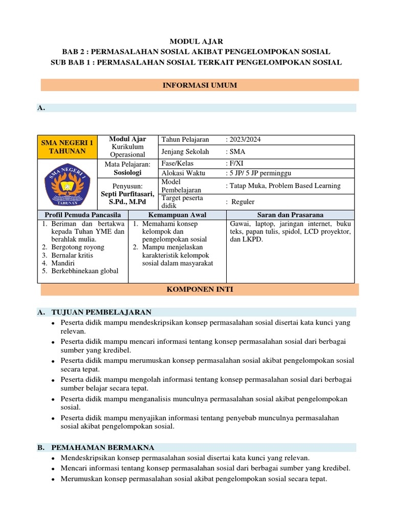 Modul Ajar Sosiologi XI Bab 2 | PDF