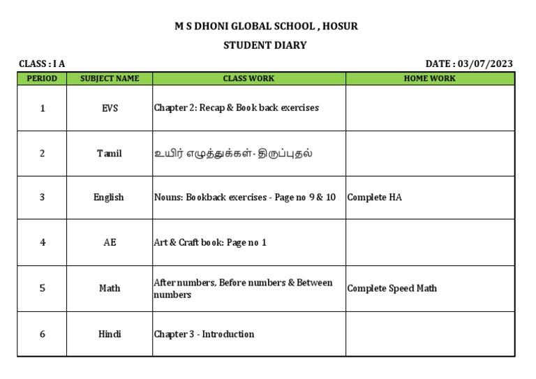 Grade 1 A - Student Diary 03-07-2023 | PDF
