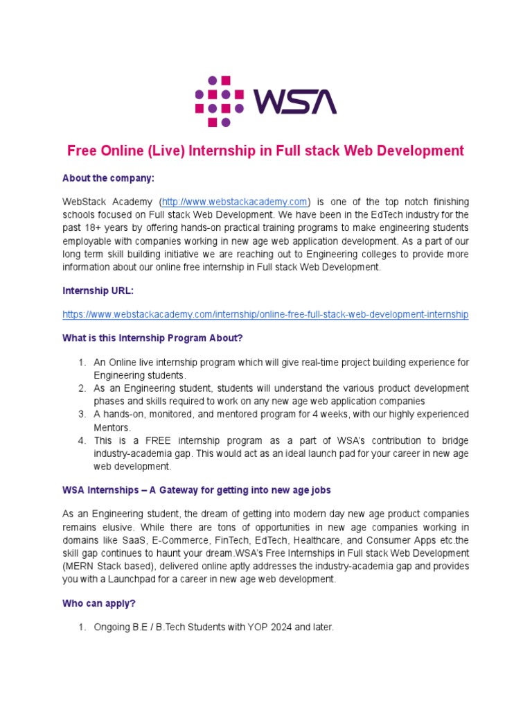 Wsa Fullstack Online Internship | PDF