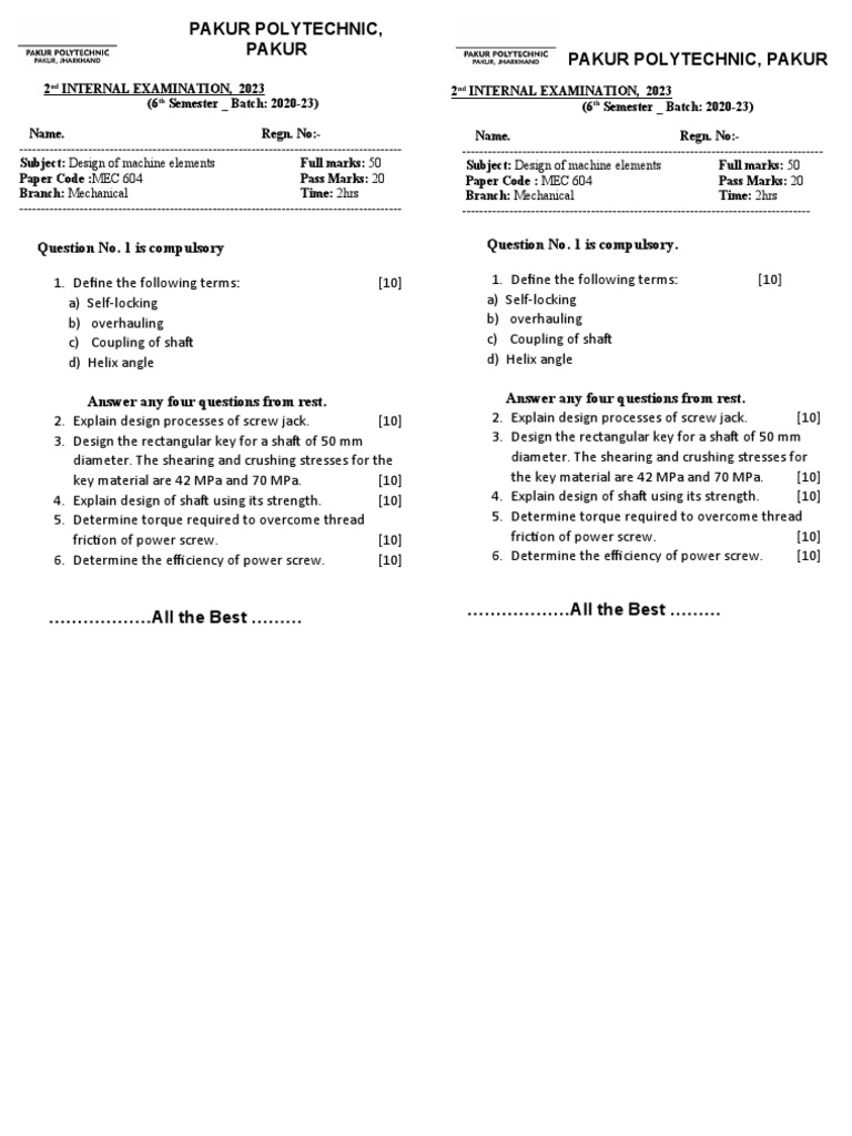 DME-MEC 604 - 6th Sem 2nd Internal Question | PDF | Tools | Manufactured Goods