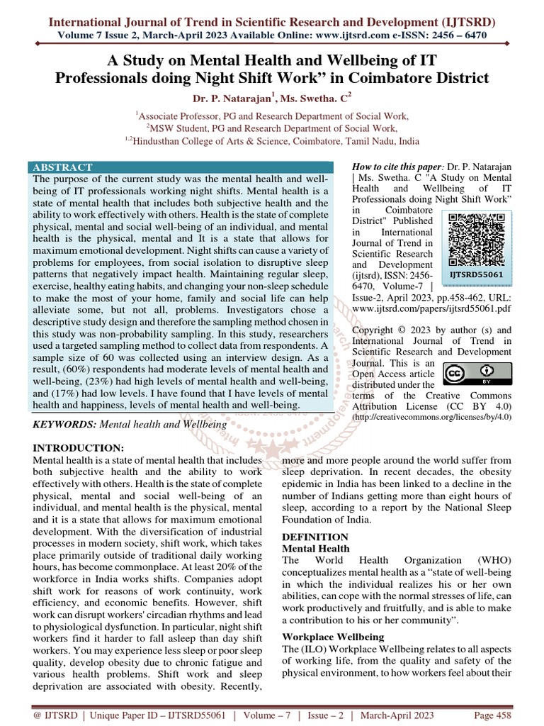 A Study On Mental Health and Wellbeing of IT Professionals Doing Night Shift Work" in Coimbatore ...