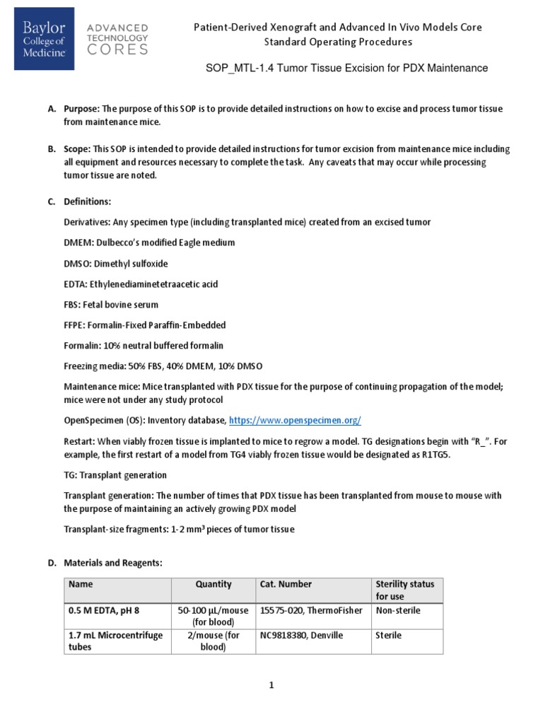 Sop - MTL 1.4 Tumor Tissue Excision For PDX Maintenance - Public | PDF ...