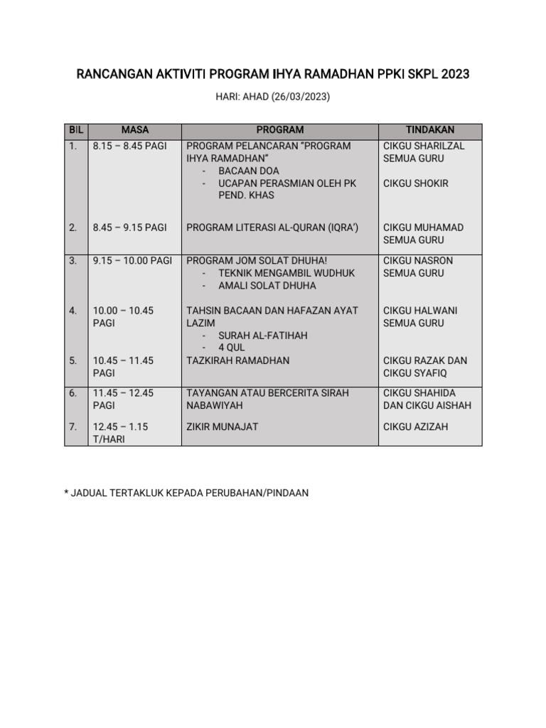 Aktiviti Program Ihya Ramadhan Ppki SKPL 2023 | PDF