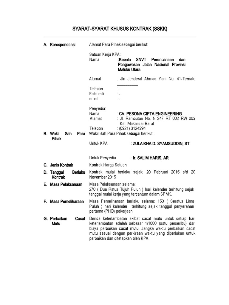 03 Syarat Syarat Khusus Kontrak SSKK | PDF
