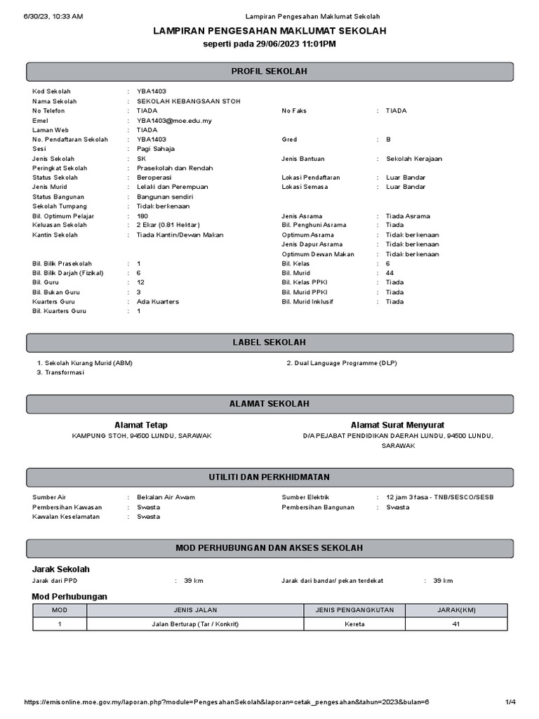 Lampiran Pengesahan Maklumat Sekolah | PDF