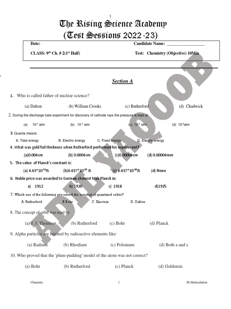 CH # 2 1ST Half Atomic Structure Class 9 | PDF | Atoms | Niels Bohr
