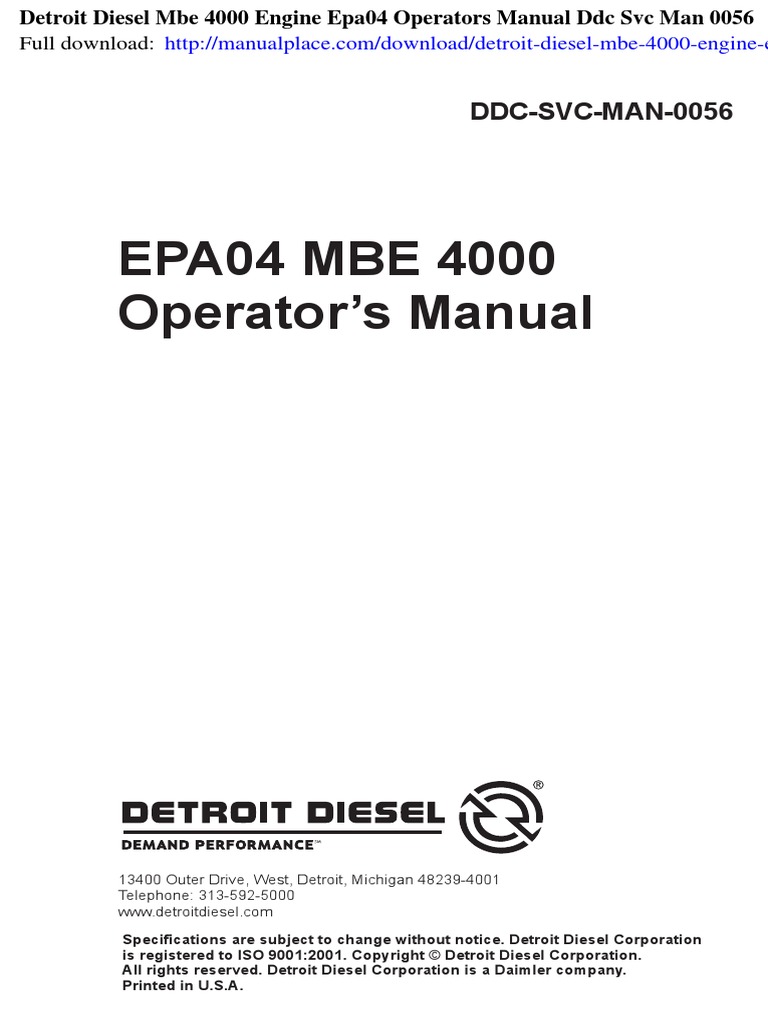 Detroit Diesel Mbe 4000 Engine Epa04 Operators Manual DDC SVC Man 0056 ...