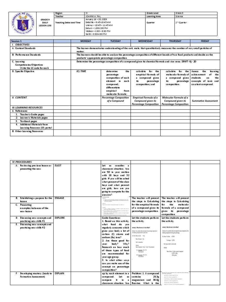 Grade 9 Science Lesson Plan: Mole Concepts | PDF