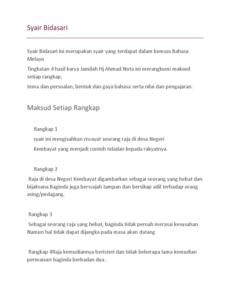 Syair Bidasari: Maksud Setiap Rangkap | PDF