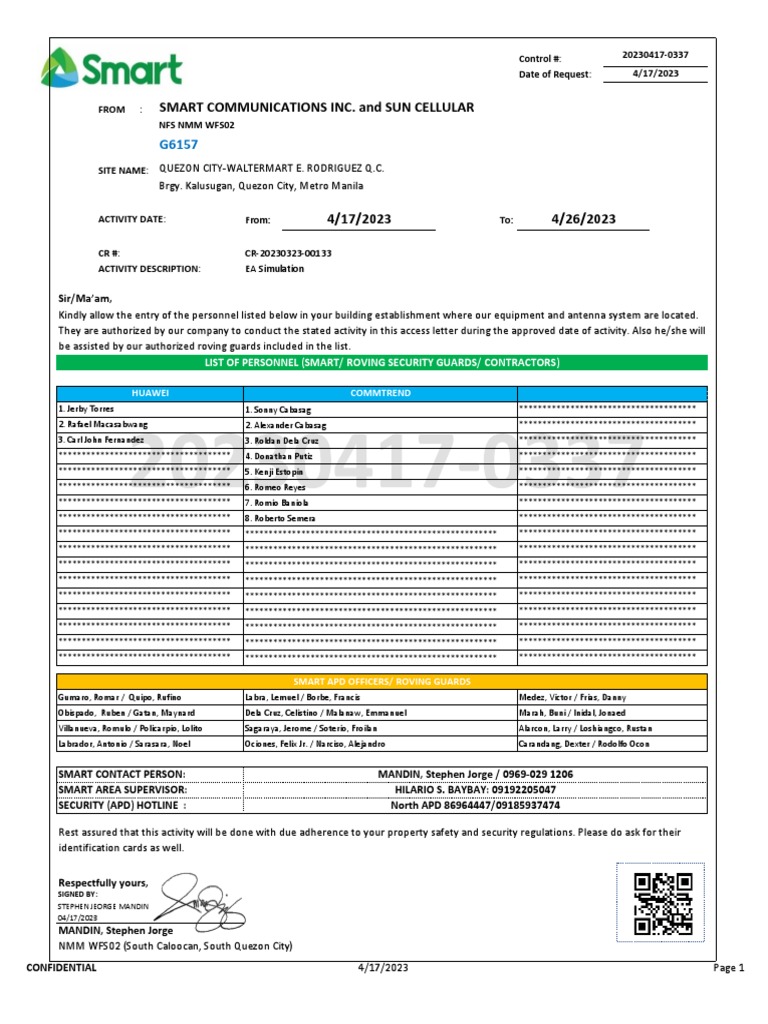 Smart Communications Inc. and Sun Cellular: Control #: Date of Request ...