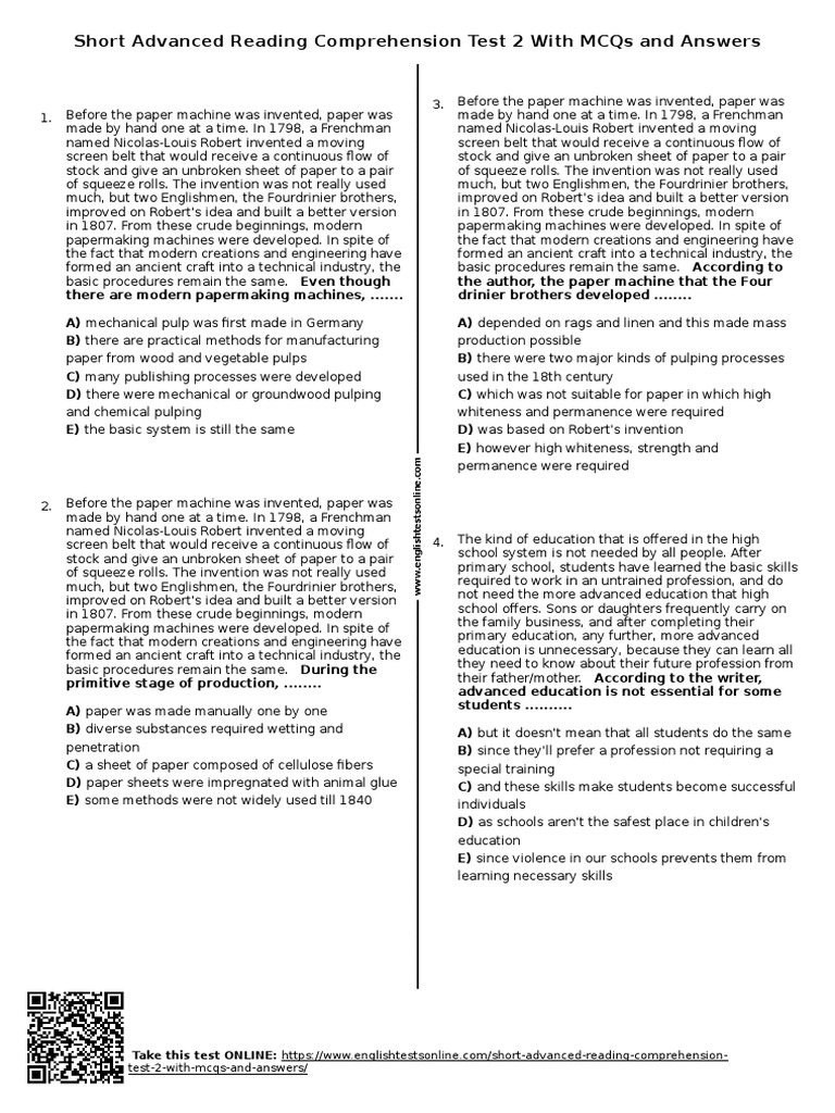 845 - Short Advanced Reading Comprehension Test 2 With Mcqs and Answers ...