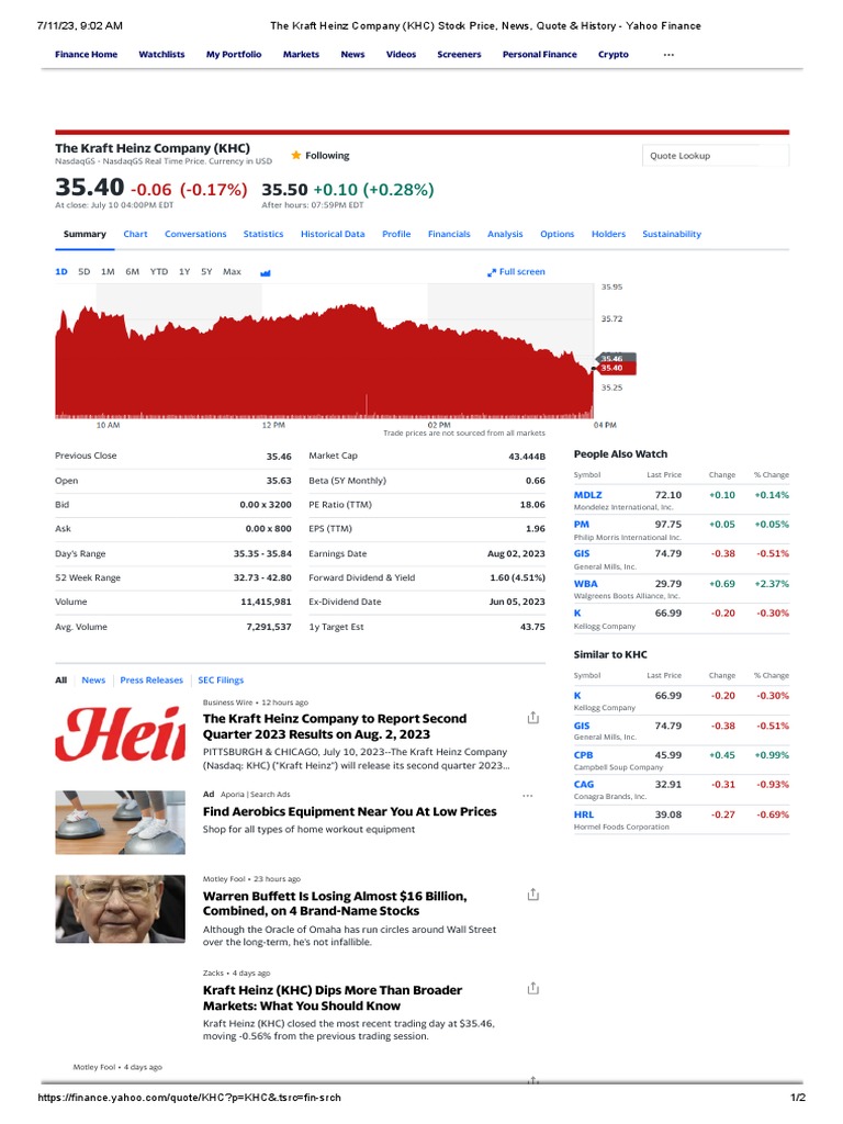 The Kraft Heinz Company (KHC) Stock Price, News, Quote & History - Yahoo Finance | PDF