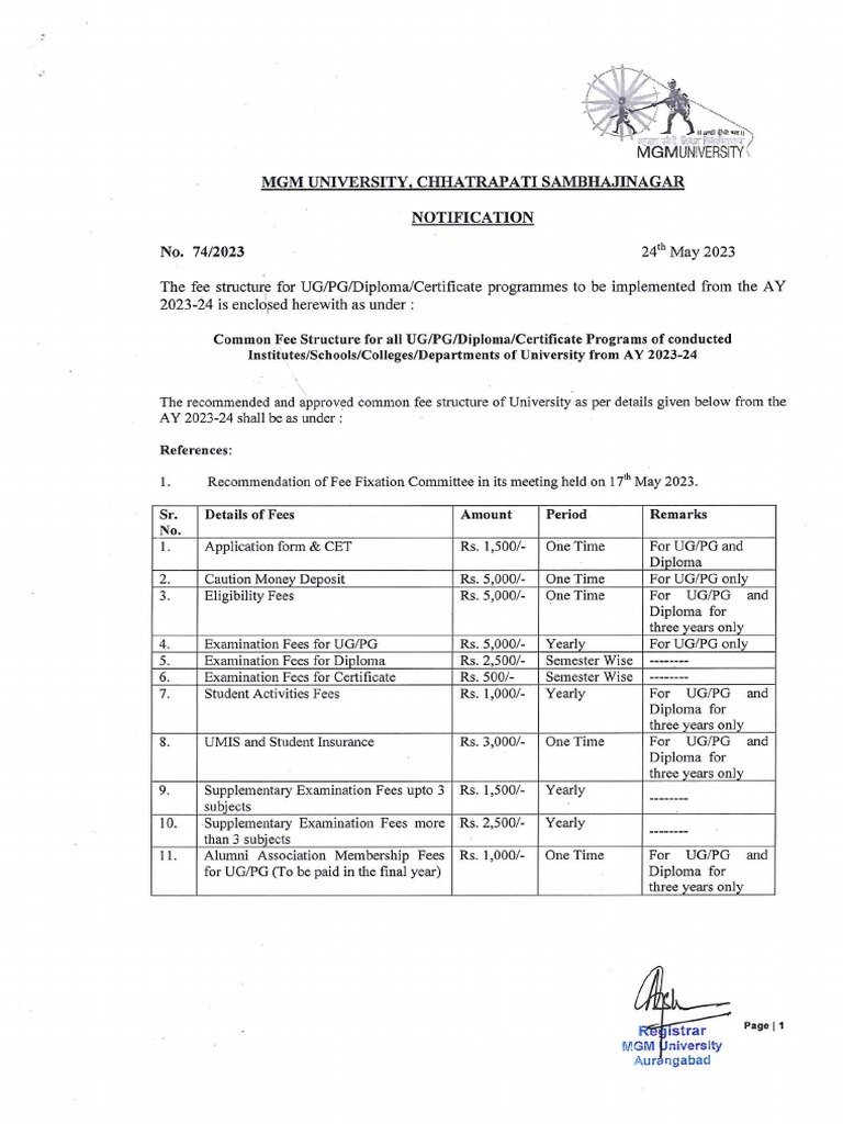 Final Fee Structure For AY 2023 24 With Univ Common Fee | PDF