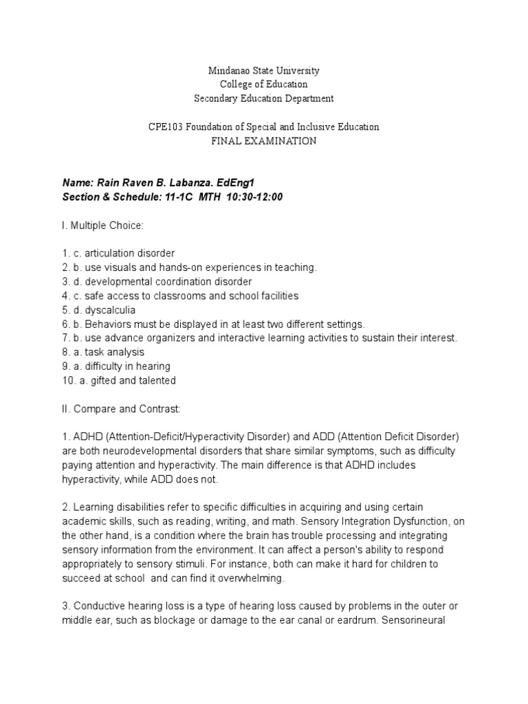 Special Education Final Exam Review | PDF
