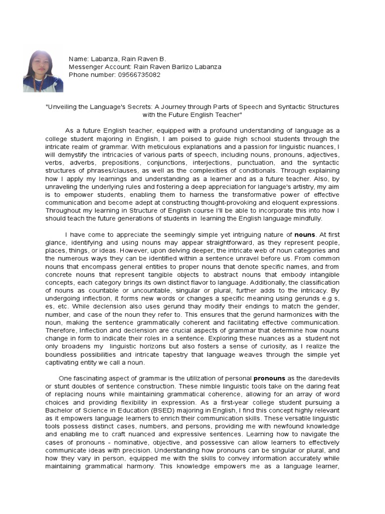 ELE123 STRUCTURE OF ENGLISH - 14 Paragraph Reflective Essay | PDF ...