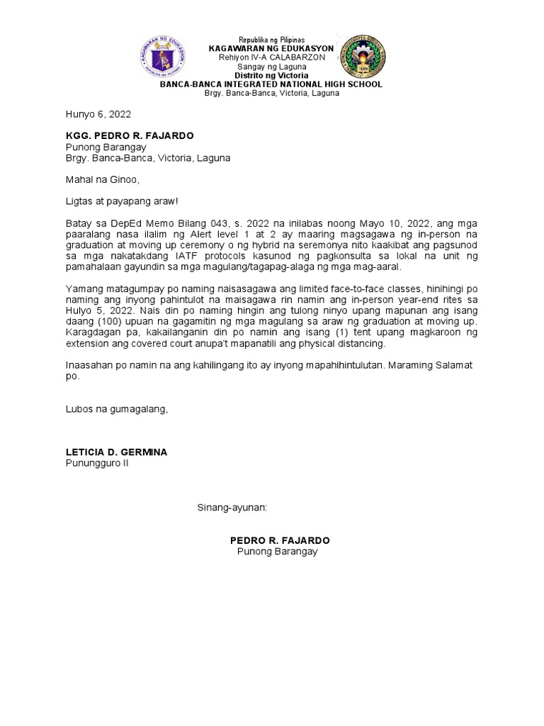 Request Letter To Brgy For For Chairs and Tent | PDF