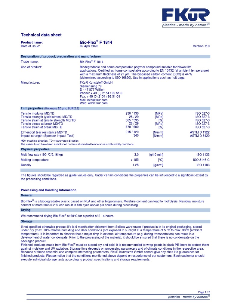 TD Bio-Flex F 1814 en | PDF | Extrusion | Ultimate Tensile Strength