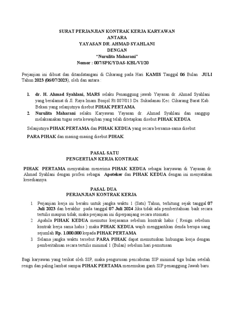 Surat Perjanjian Kerja Karyawan Pdf