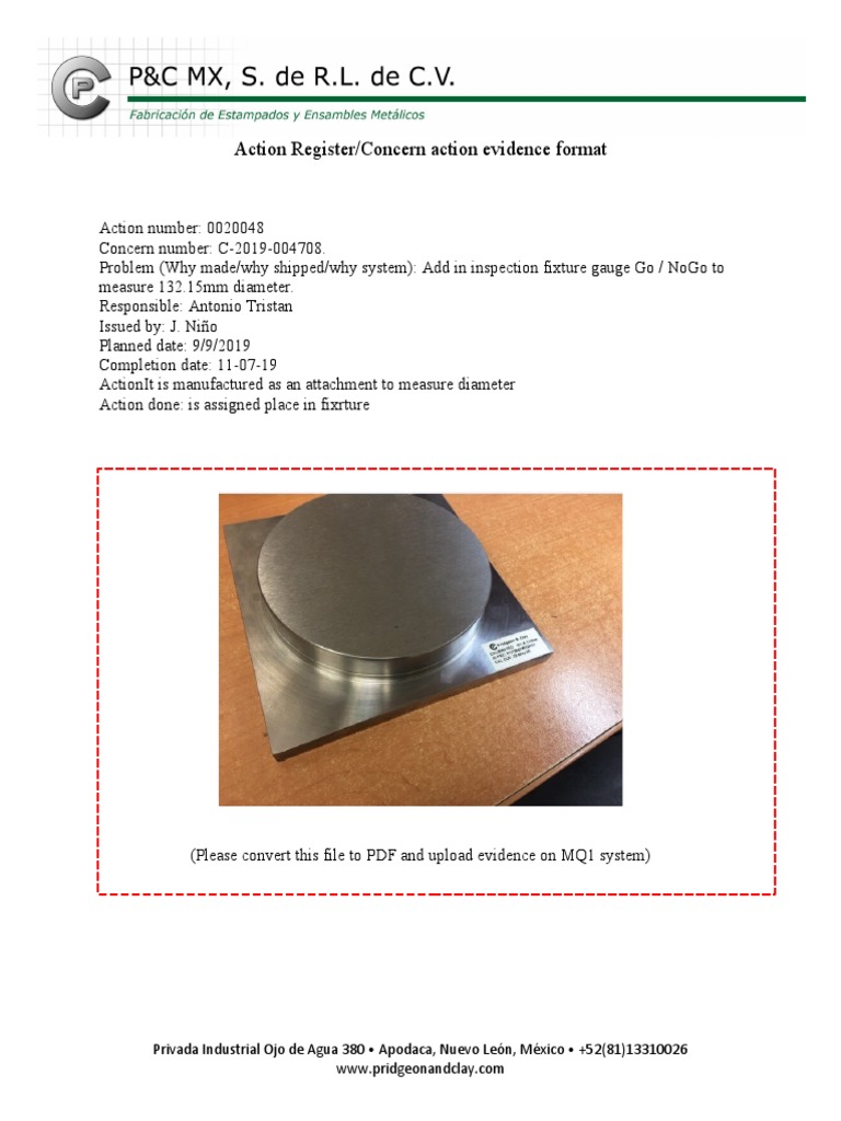 Action Register for Inspection Gauge | PDF