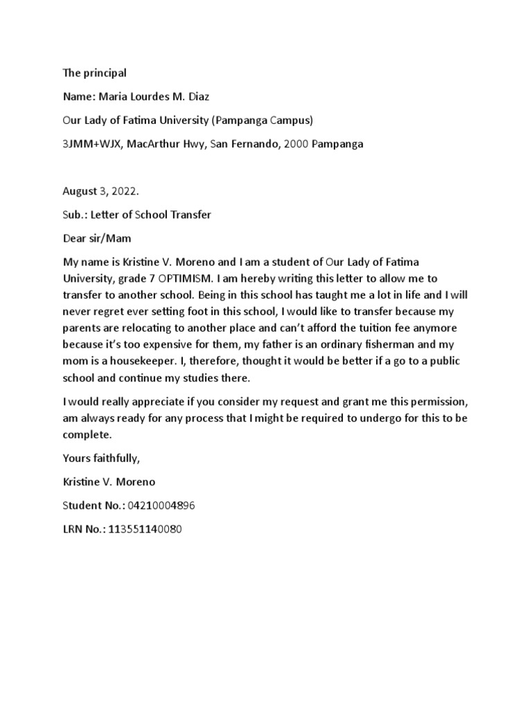 School Transfer Letter(to Principla) | PDF