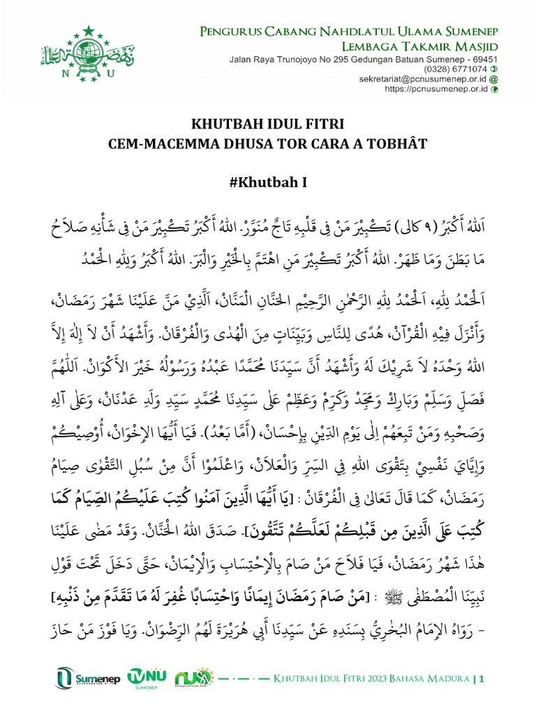 2023-3 Khutbah Idul Fitri - Cem-Macemma Dhusa Tor Cara A Tobhat (Madura ...