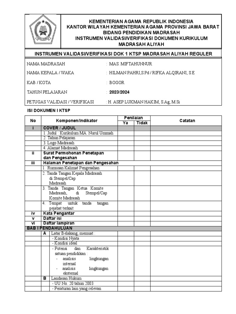 5.revisi - Lembar Verval KANWIL - Dok KTSP MA - 2023-2024 | PDF