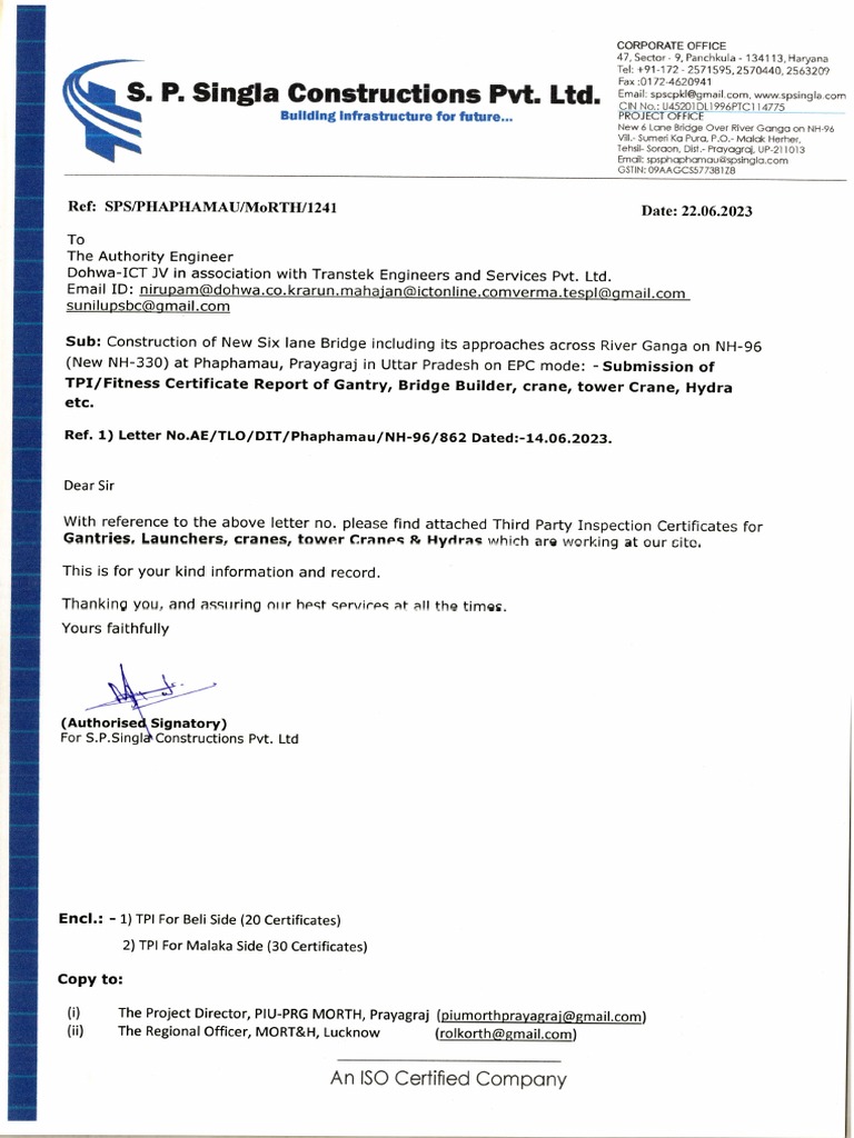 1241 Submission of TPIFitness Certificate Report of Gantry, Bridge ...
