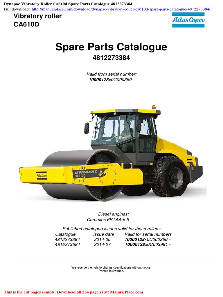Dynapac Vibratory Roller Ca610d Spare Parts Catalogue 4812273384 | PDF