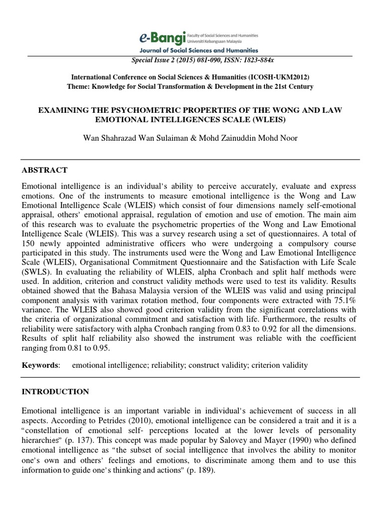 THANG DO Wong and Law (2002) WLEIS Scale Is Composed of Four Dimensions and 16 Items | PDF