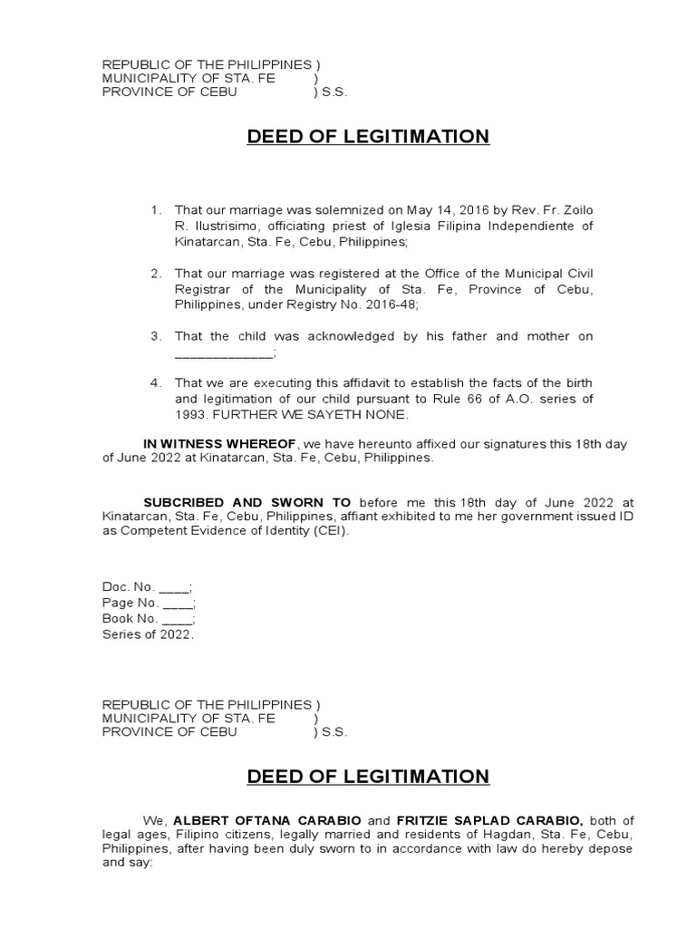 Deed of Legitimation | PDF | Affidavit | Civil Law (Common Law)