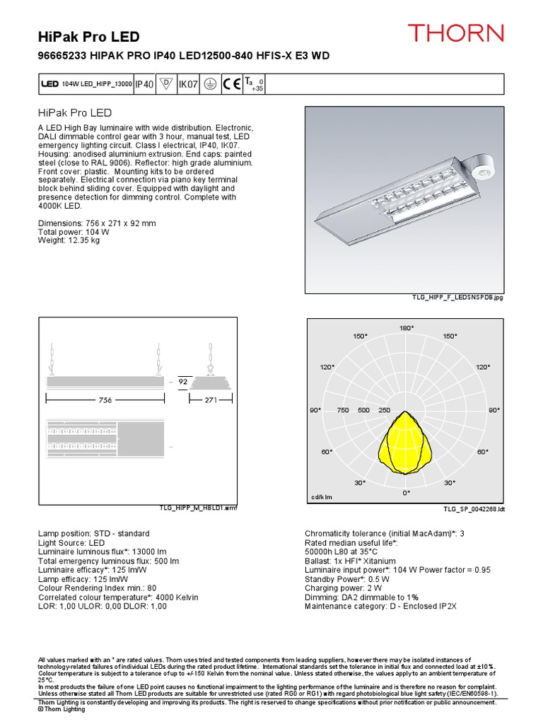 Thorn HiPack Pro LED High Bay 96665233 - Combi - Datasheet | PDF | Light Emitting Diode | Lighting