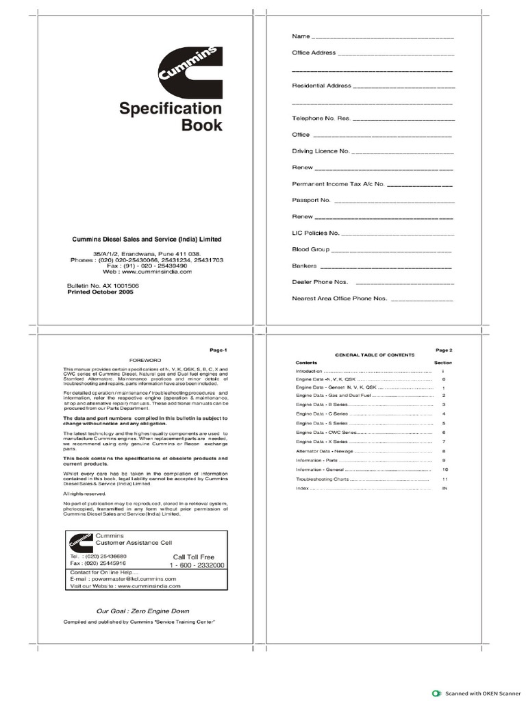 CUMMINS SEPCIFICATION BOOK | PDF