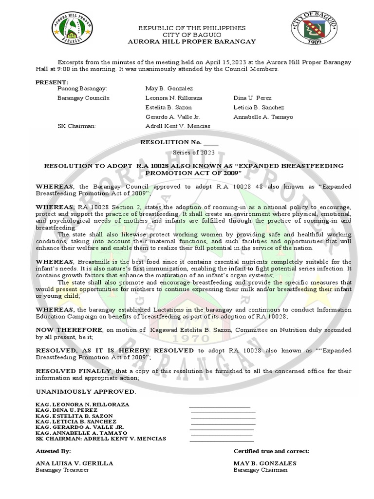 Reso 2023 Adopting RA 10028 Expanded Breastfeeding | PDF
