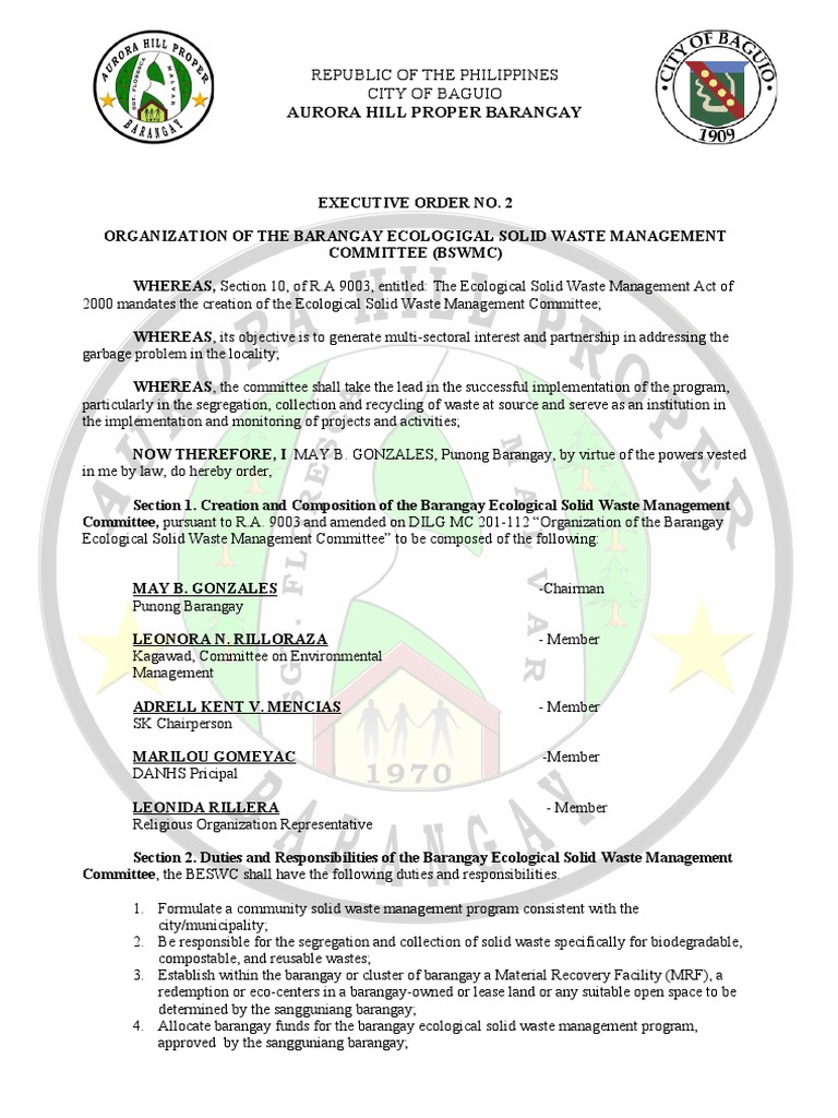 Executive Order BESWMC 2022 | PDF | Waste Management | Waste