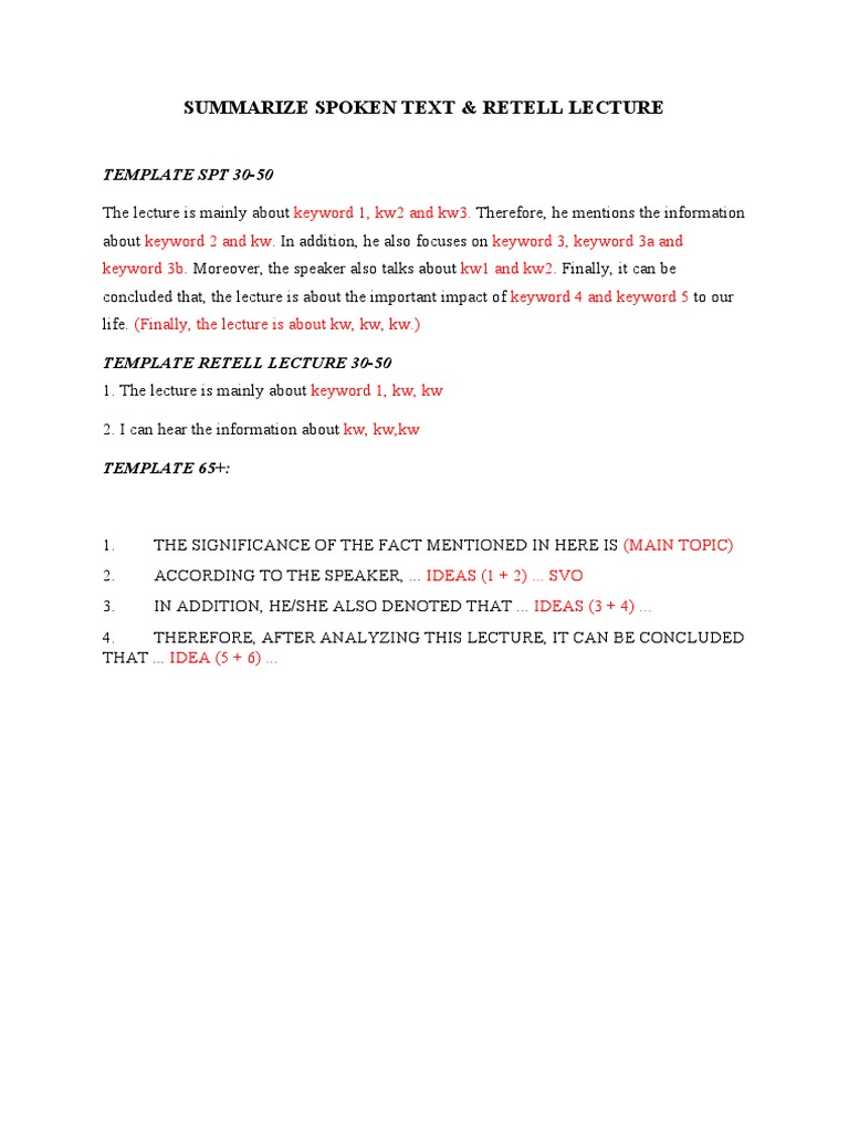 Summarize Spoken Text & Retell Lecture Template | PDF
