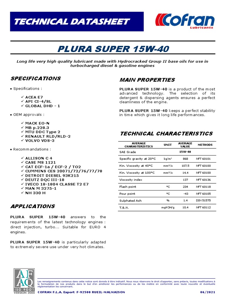 Cofran Plura Super 15W40 en | PDF