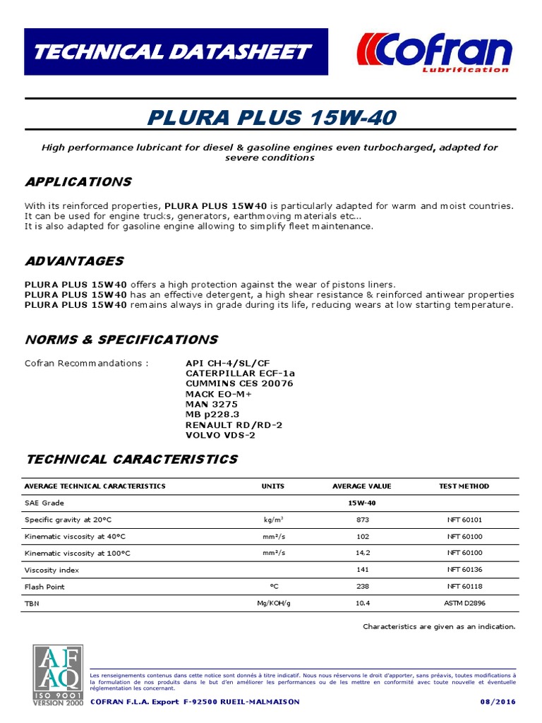 PLURA PLUS 15W-40 Technical Datasheet | PDF | Physical Sciences | Mechanical Engineering