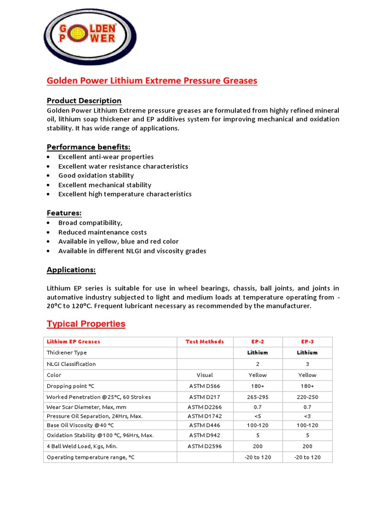 Golden Power Lithium Extreme Pressue Greases PDS | PDF | Chemical ...