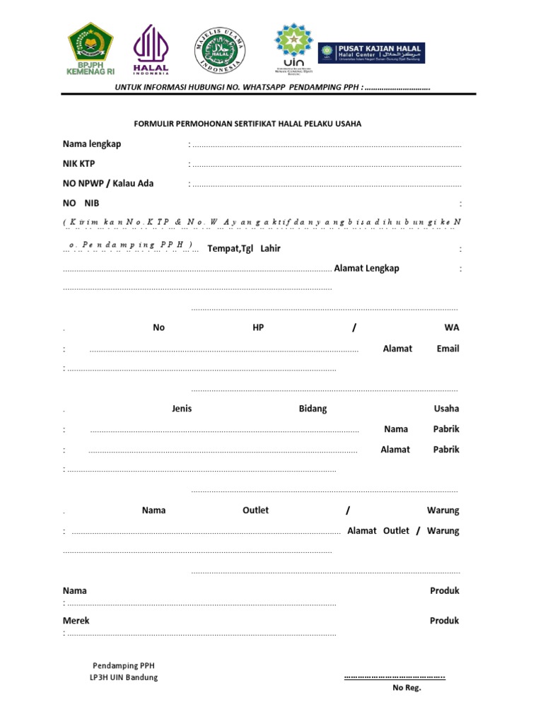 Formulir Isian Pengajuan Sertifikat Halal (2 Halaman) | PDF