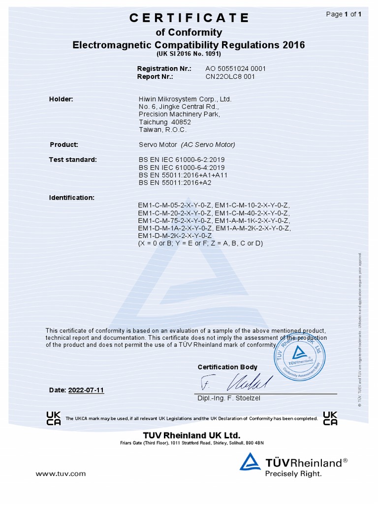 E1 Servo Motor UKCA Certification (EMC) | PDF