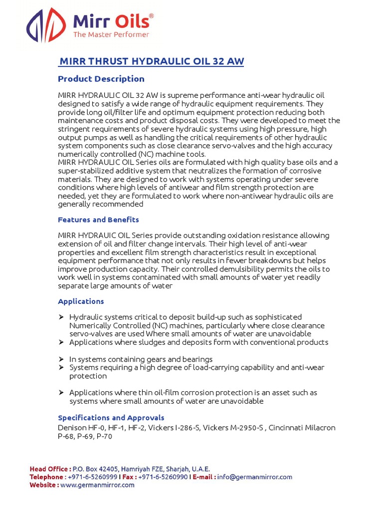 MIRR Hydraulic Oil 32 AW Specs | PDF | Industrial Processes | Chemical Engineering