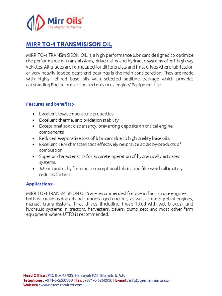 MIRR TO-4 Transmission Oils 50, 40 & 30 | PDF | Lubricant | Engines