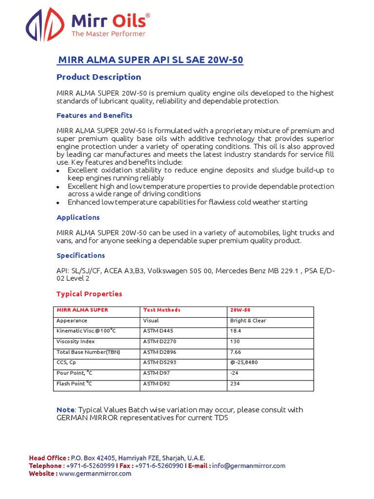 MIRR ALMA SUPER API SL-CF SAE 20W-50 | PDF