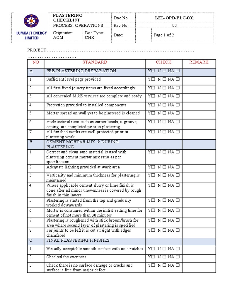 Checklist For Plastering | PDF | Mortar (Masonry) | Civil Engineering