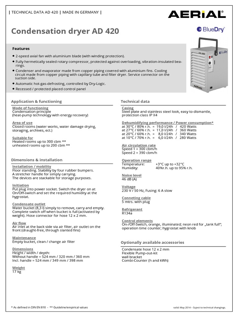 2014 Data Sheet AD 420 | PDF | Humidity | Clothes Dryer