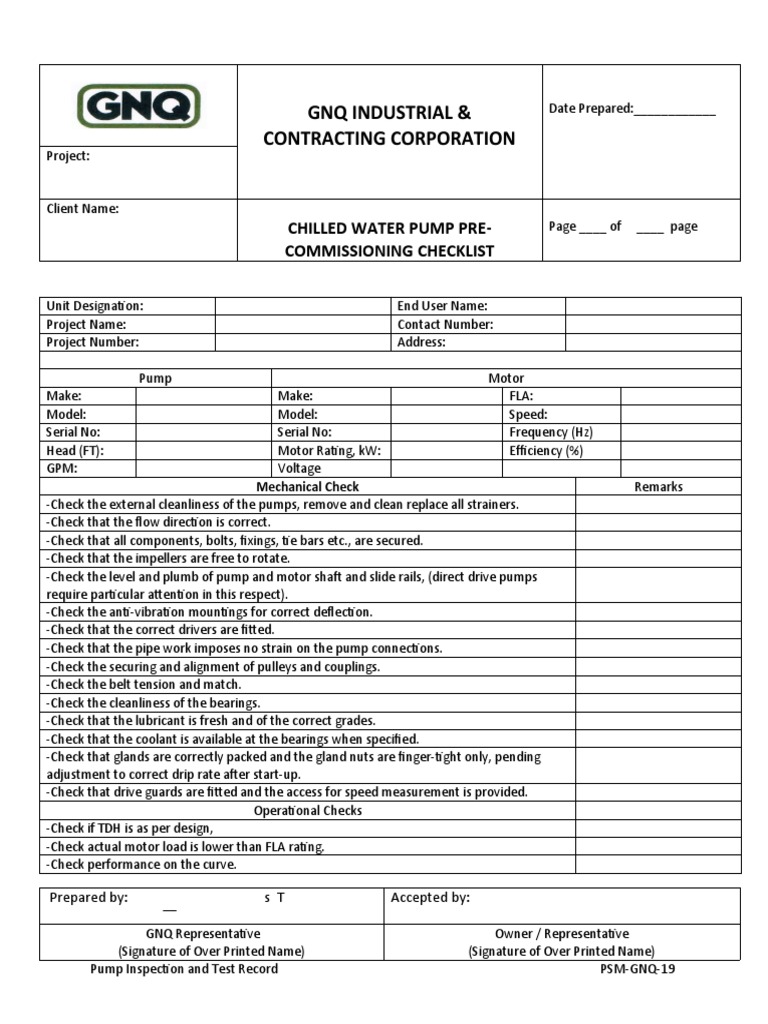(Form GNQ 19) Pump Pre Commissioning Checklist 1 | PDF | Pump | Bearing ...